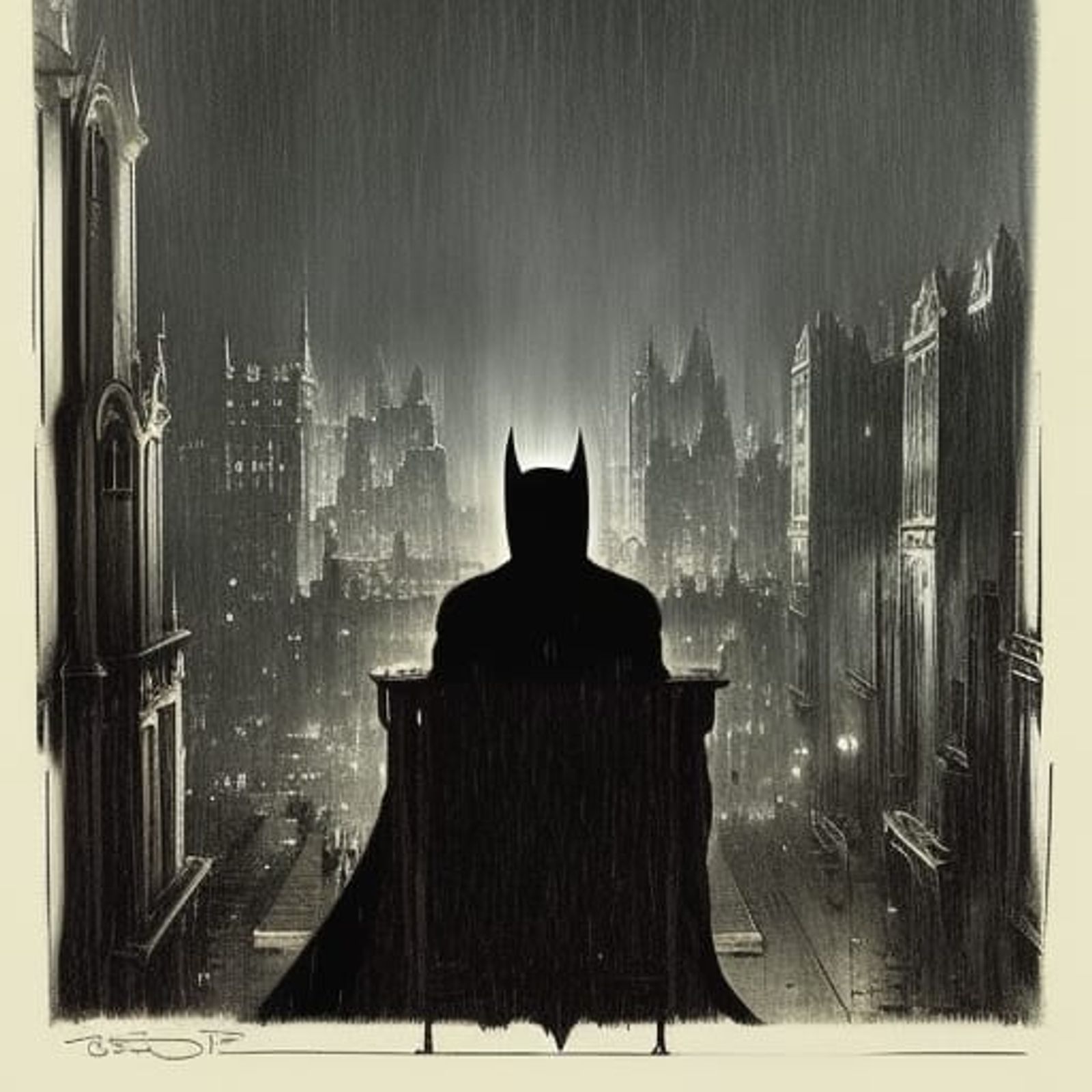 Batman sitting on throne watching over Gotham, dark, gothic, rainy ...