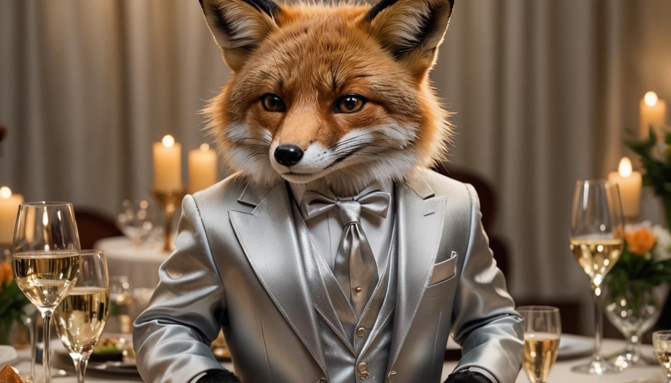 Sophisticated Fox in a Hawaiian Tuxedo at a Dinner... - AI Art