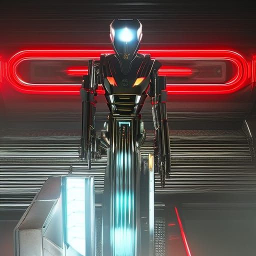 Shiny metallic gold robot with red eyes walking up metal spiral ...