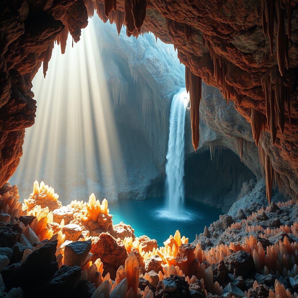 Hidden cave waterfall - Crystal Cave Oasis with Towering St...