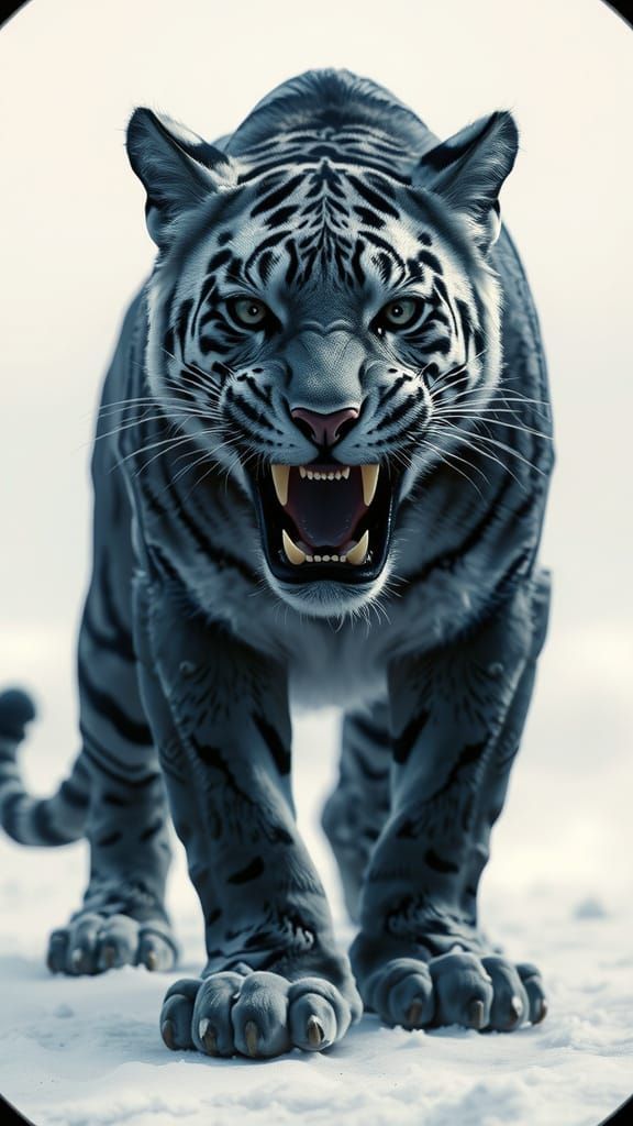 A majestic Black Saber-tooth Tiger with fur that shimmers like glass ...