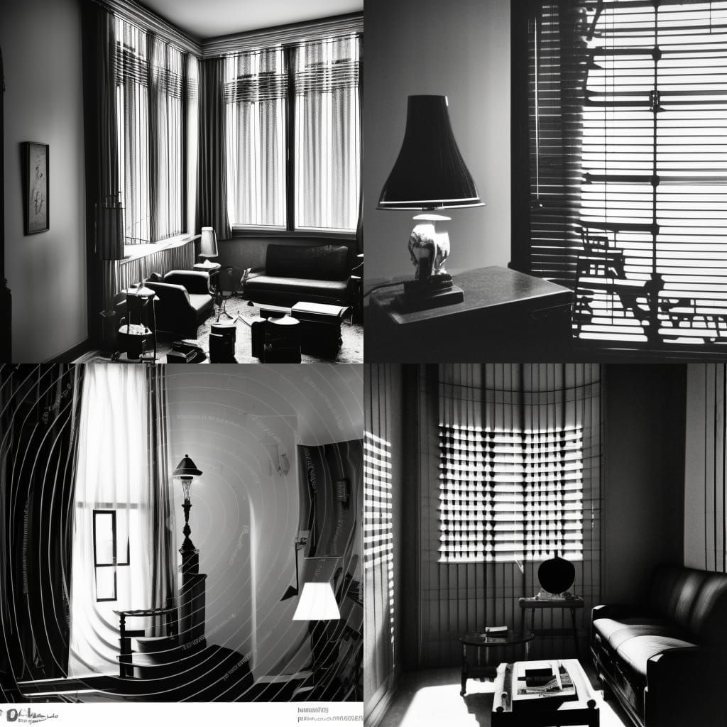 noir interior 1940s living room lots of table lamps casting long ...