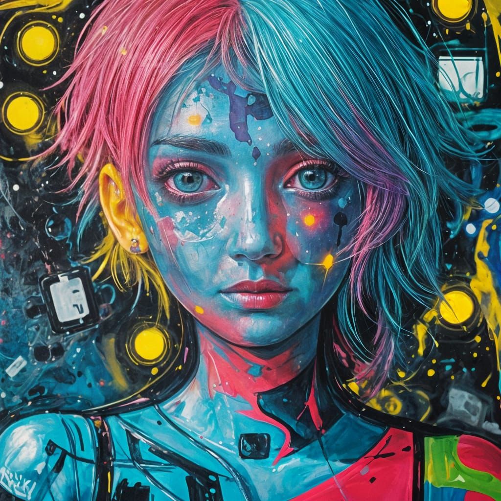 A android female sleeping on a bed in a space station that is dark ...