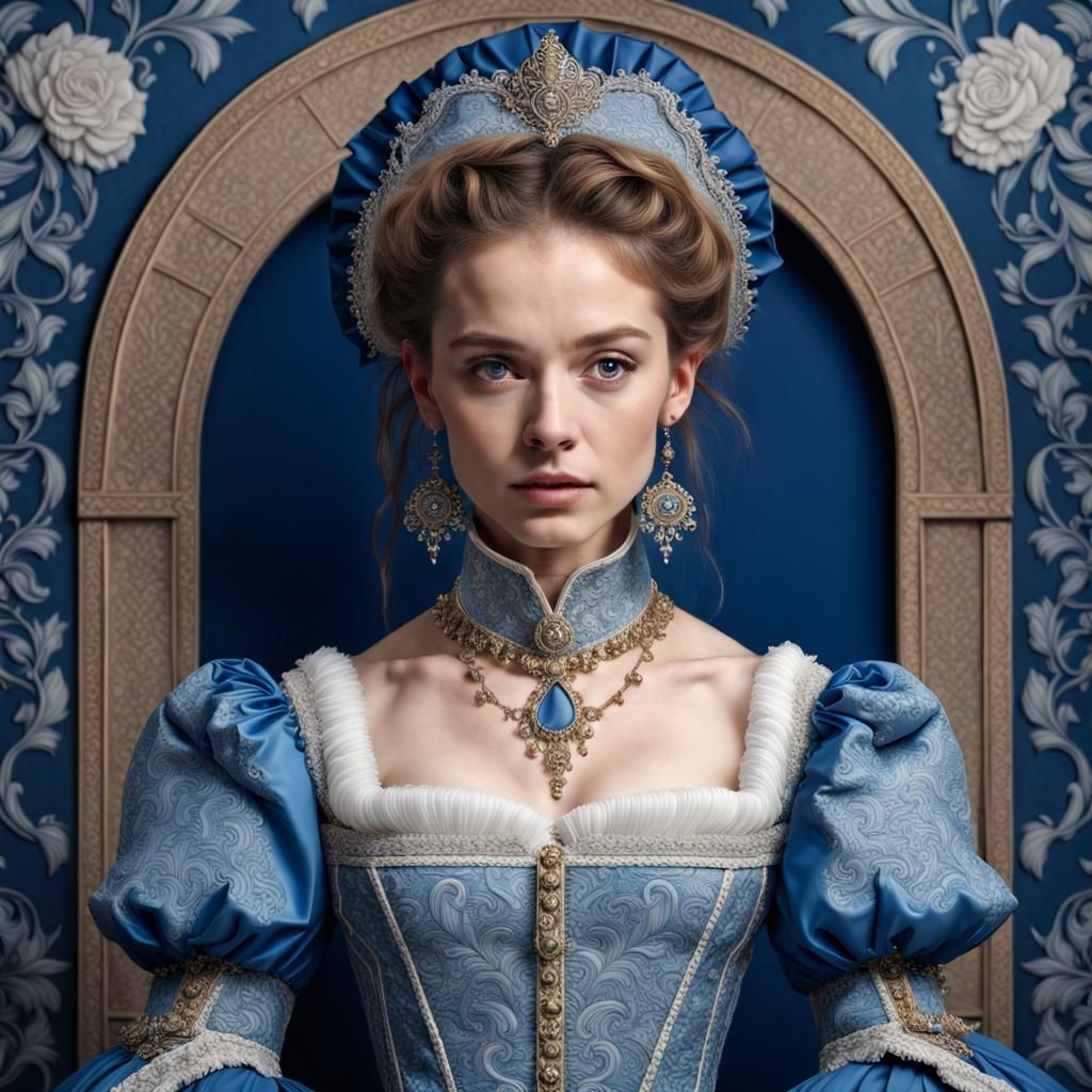 beautiful maiden dressed in elizabethan style, intricate background ...