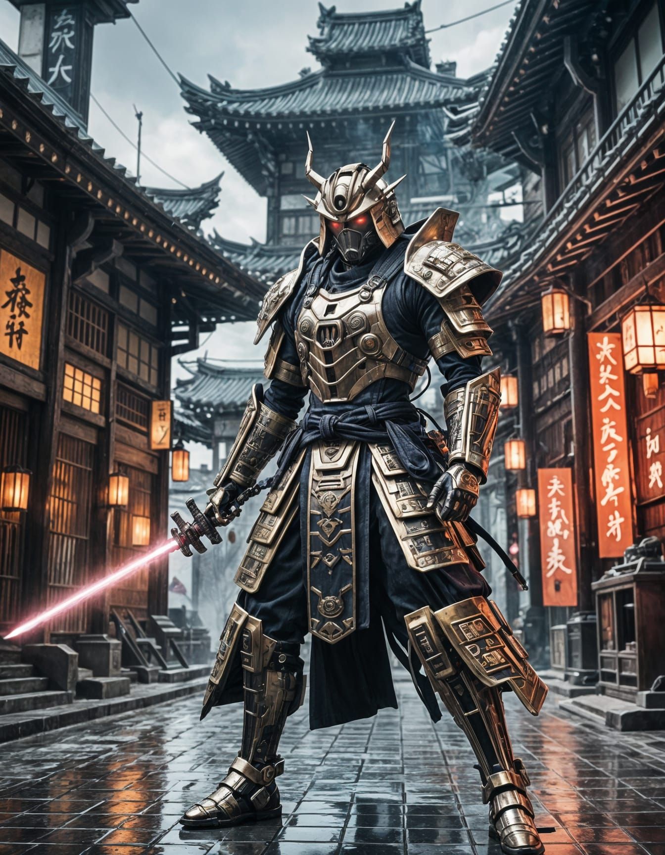 A Ethereal Cyber Samurai in action in front of Acidila architecture ...