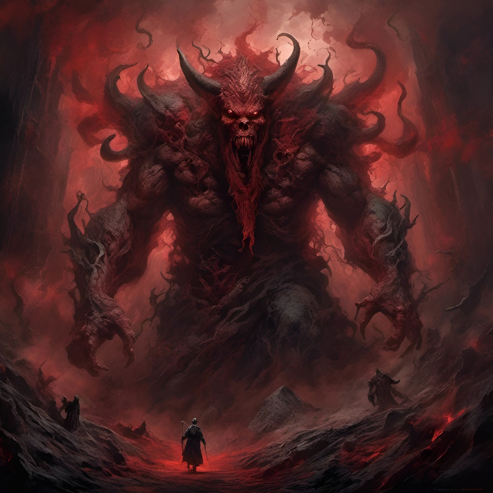 Giant Janus-faced demon two face,cross,mystic red fog,necronomicon ...