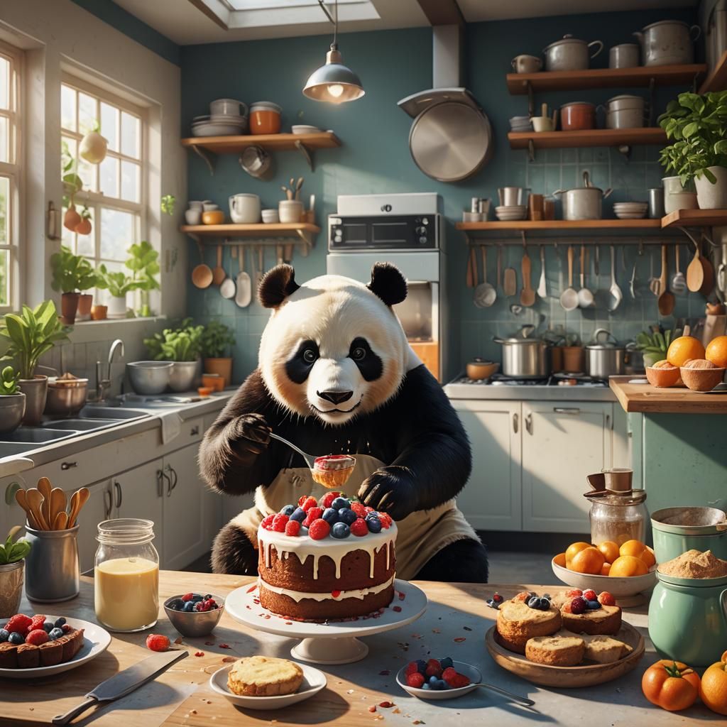 a panda bear baking a cake in a sunny kitchen, digital art - AI ...