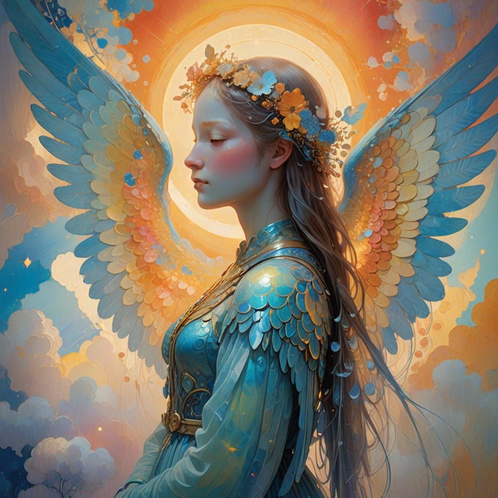 AI angel - Surreal Angel with Iridescent Wings and Halo in...