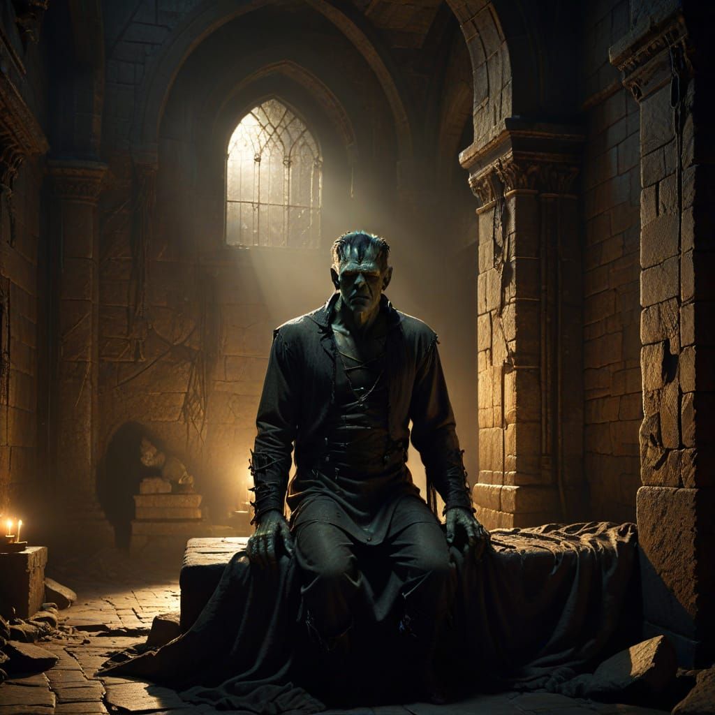 Frankenstein's Dark Awakening in a Gothic Castle - AI Art