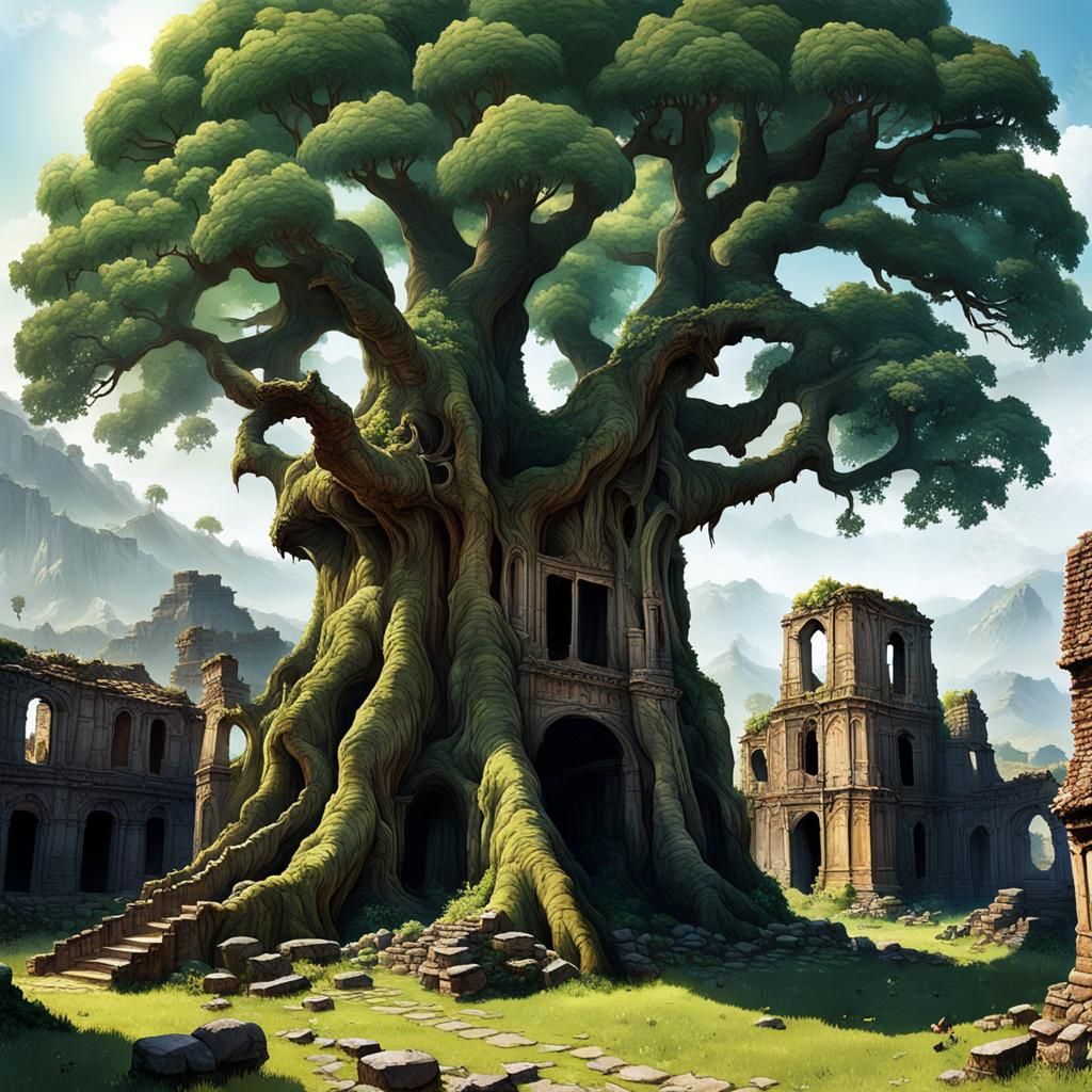 A majestic beautiful ancient giant tree in a ruined village. - AI ...