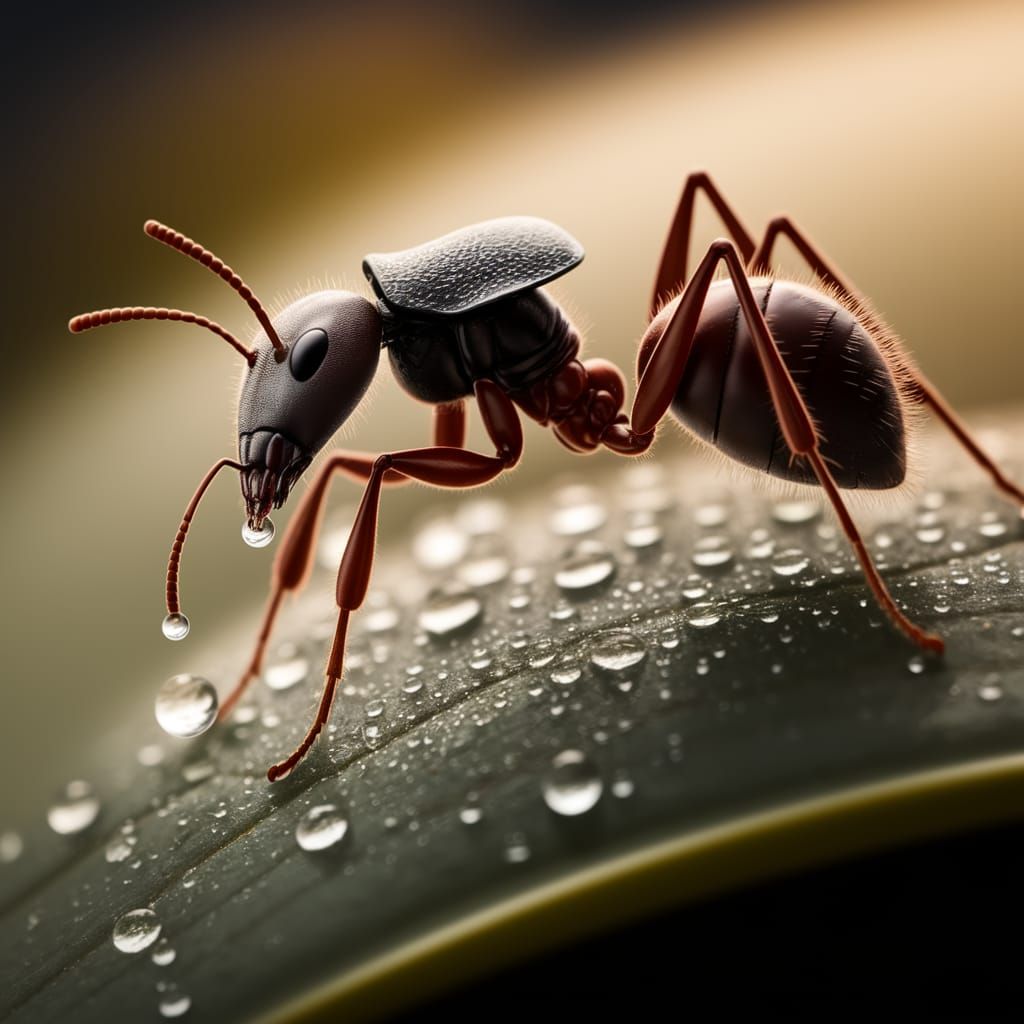 Macro photography of an ant 🐜 In a tuxedo jacket drinking water from a ...