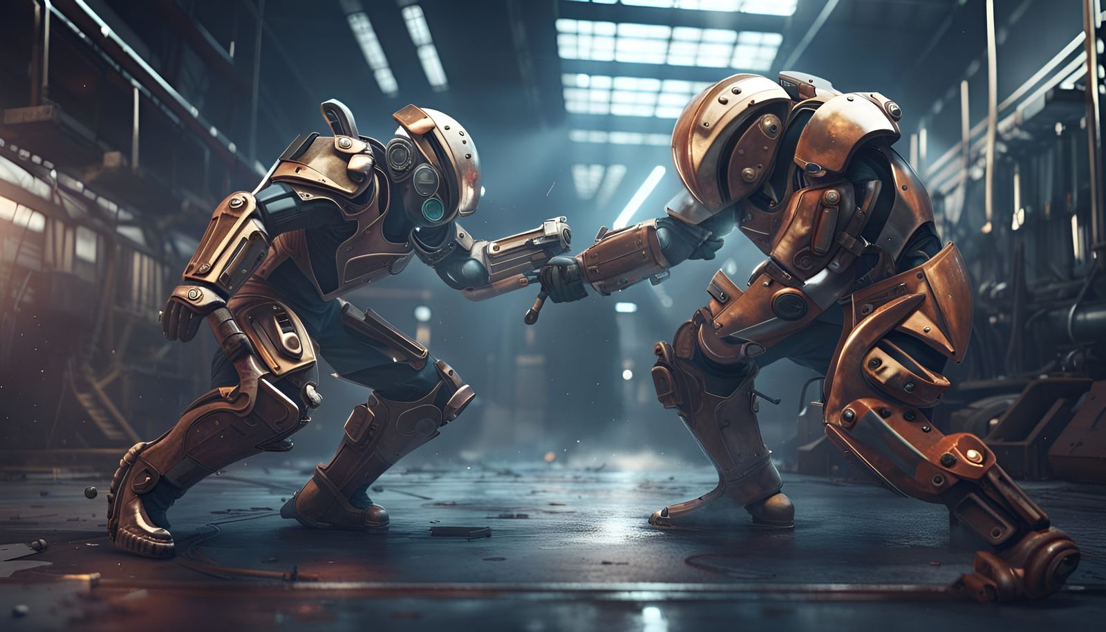 Sci-fi scene showing fight of two futuristic warriors in industrial ...