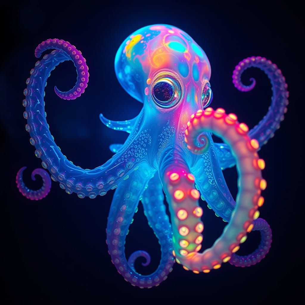 Transparent bioluminescent octopus, opalescent, Meticulously detailed ...