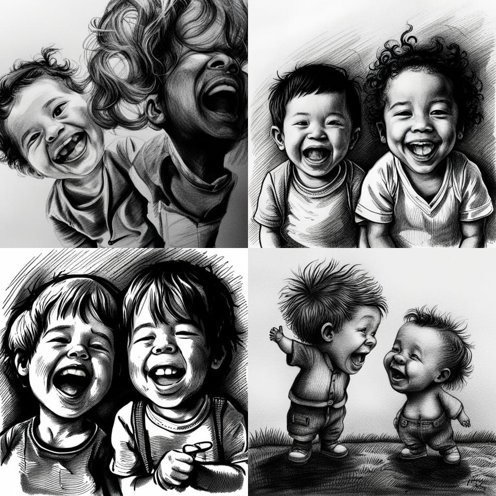 Handdrawn intricate ink drawing of two toddlers who laugh out loud, 8K ...
