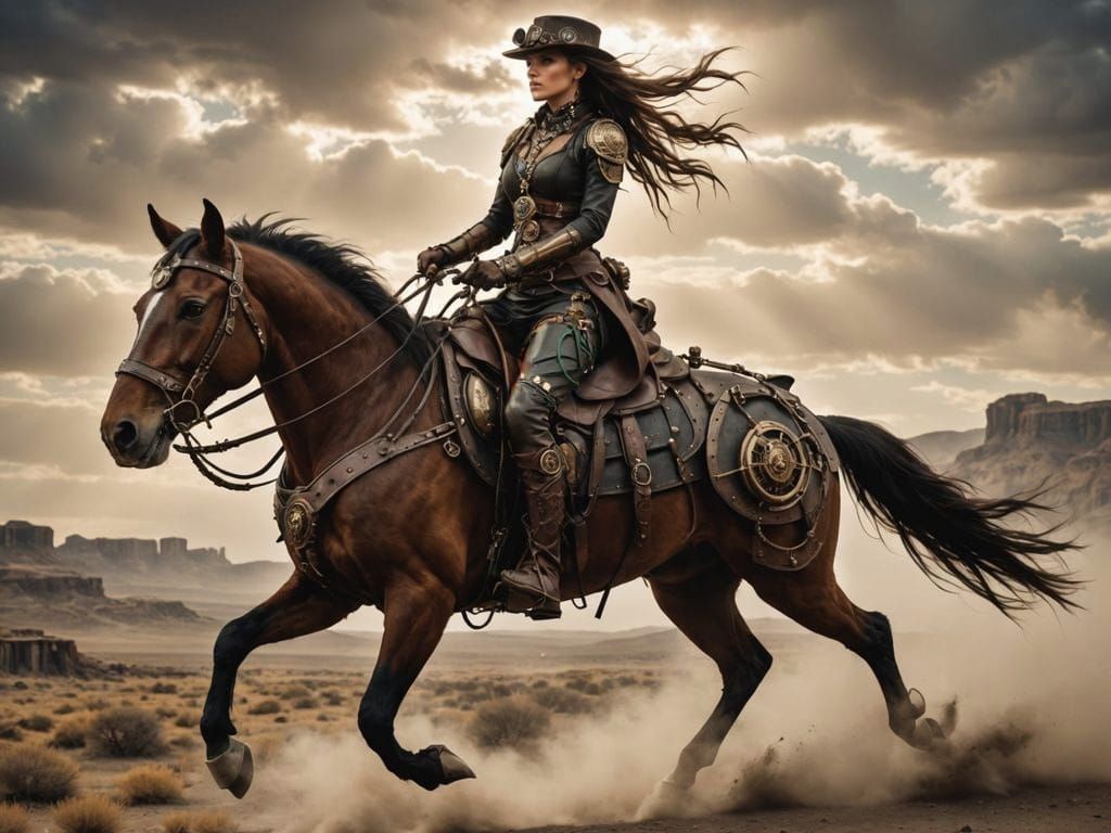 Steampunk huntress riding across the desert.