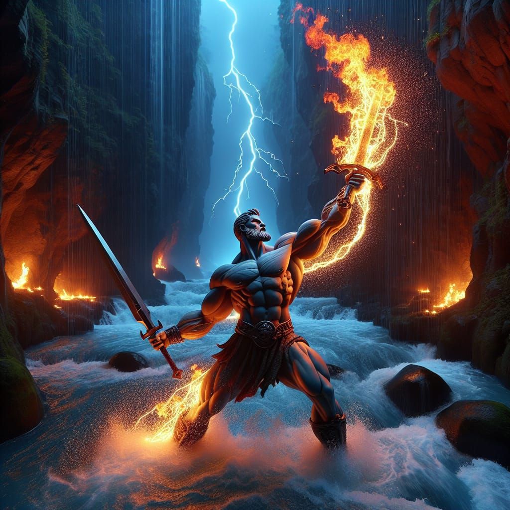 Hercules standing in a rift between the waters, holding aloft a sword ...