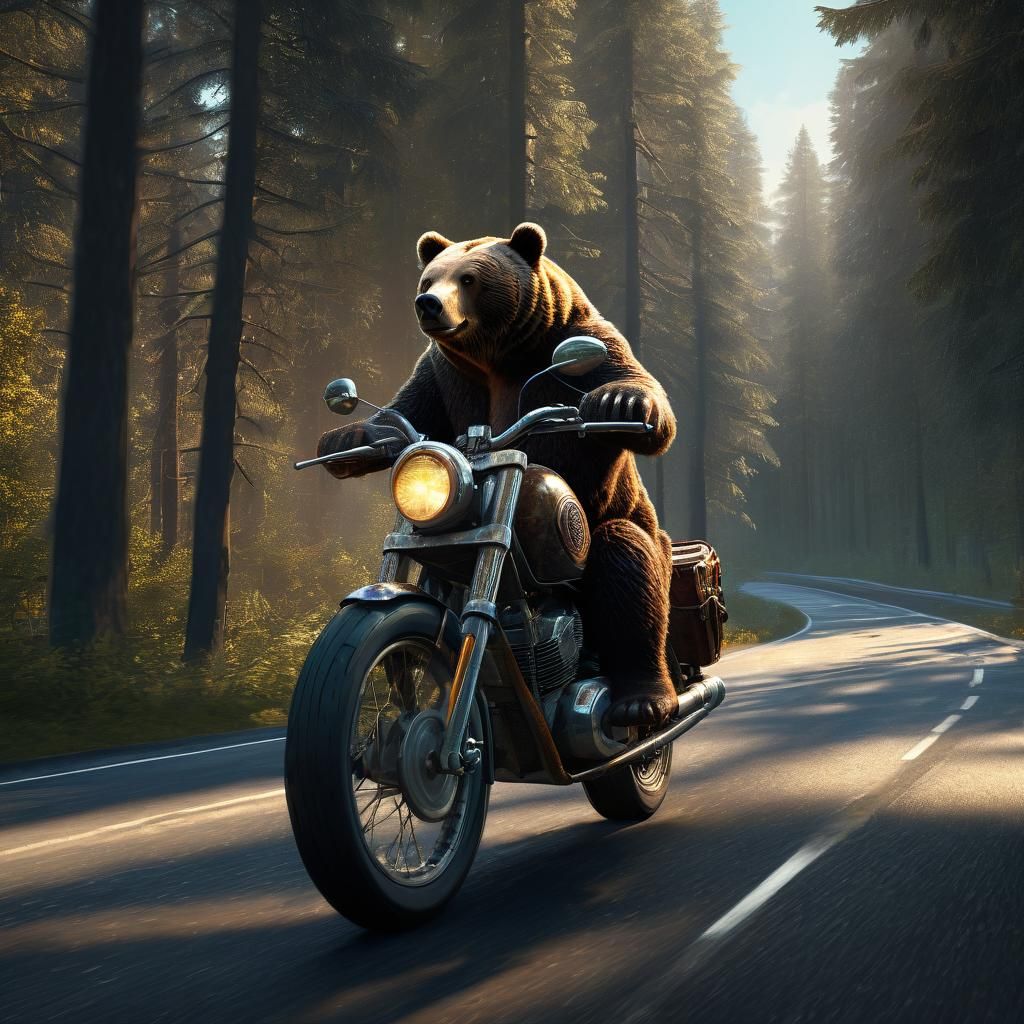 Brown Bear Rides Motorcycle Down a Sunlit Road - AI Art