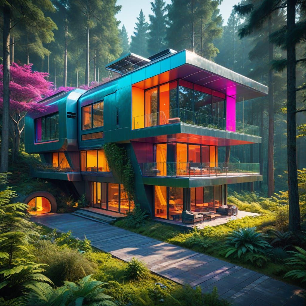 A solarpunk futuristic modern house nestled in a dense, vibrant forest ...