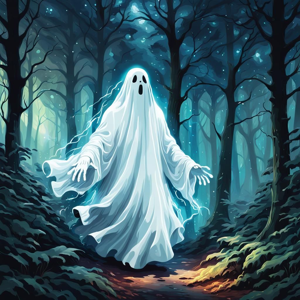 white glowing ghost going through the woods up-close, bright - AI ...