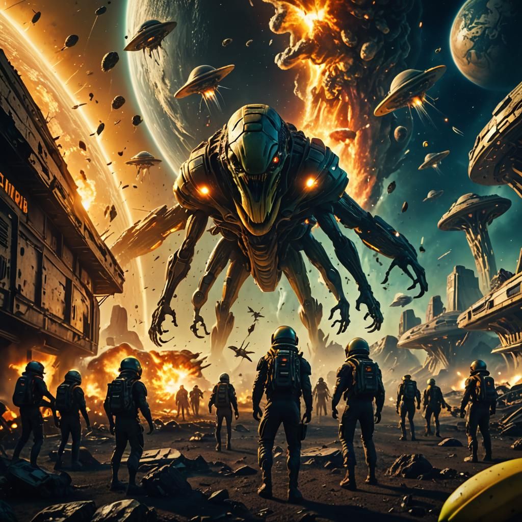 Aliens attacking Earth - Cosmic Battle in Golden Hour: Alien...