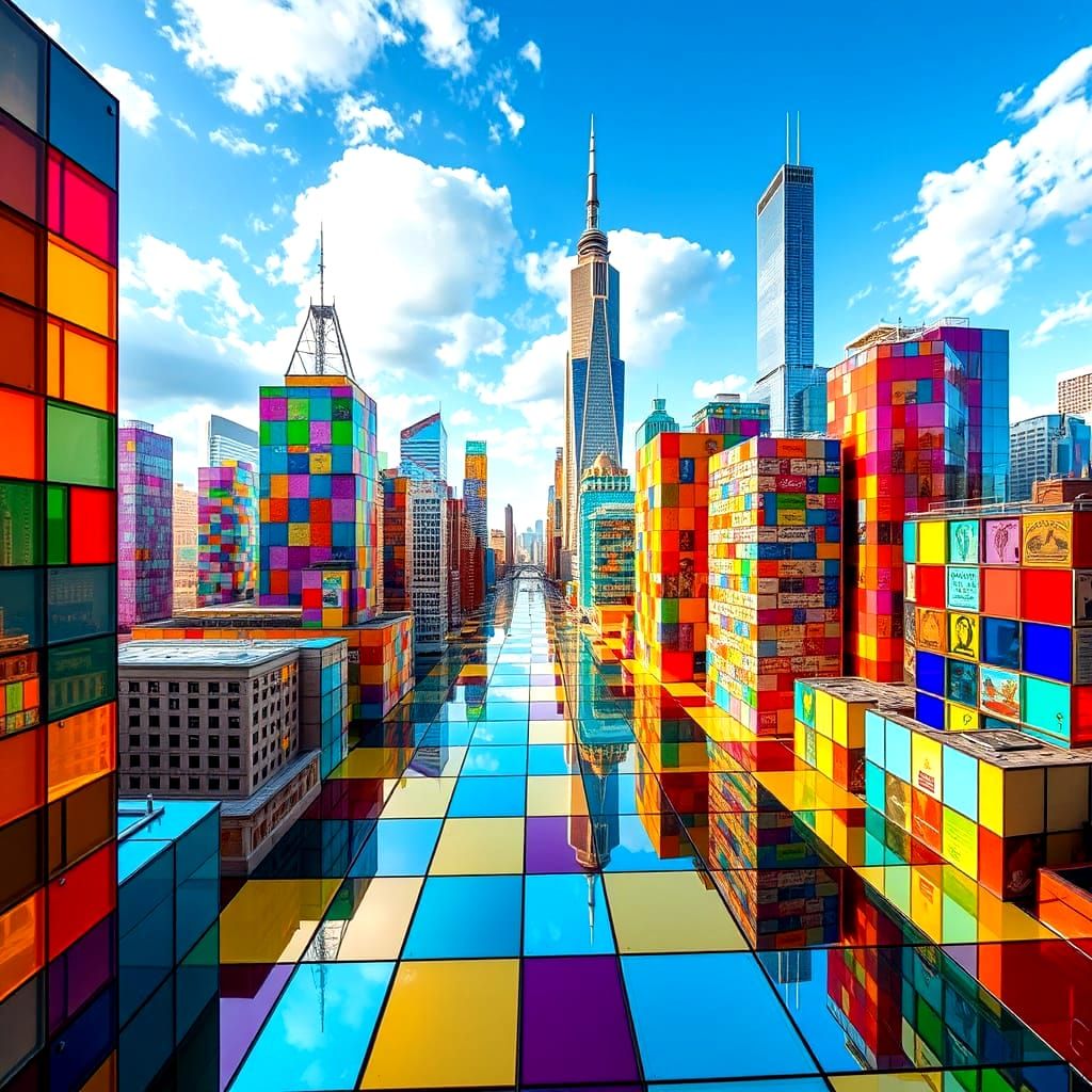 A surreal optical illusion of a entire cityscape made from colorful square glass panels with ...