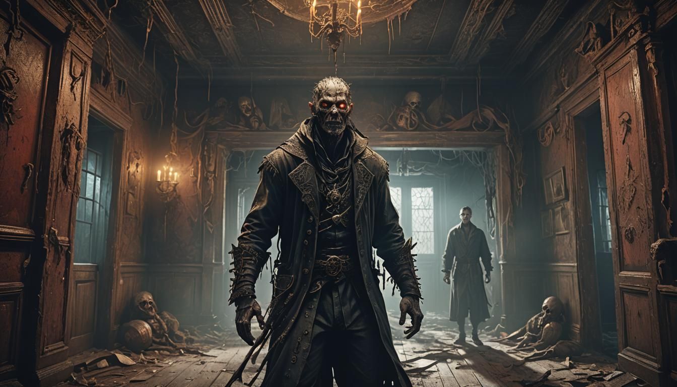 man in encounter with an evil spirit in a haunted house, very run down ...