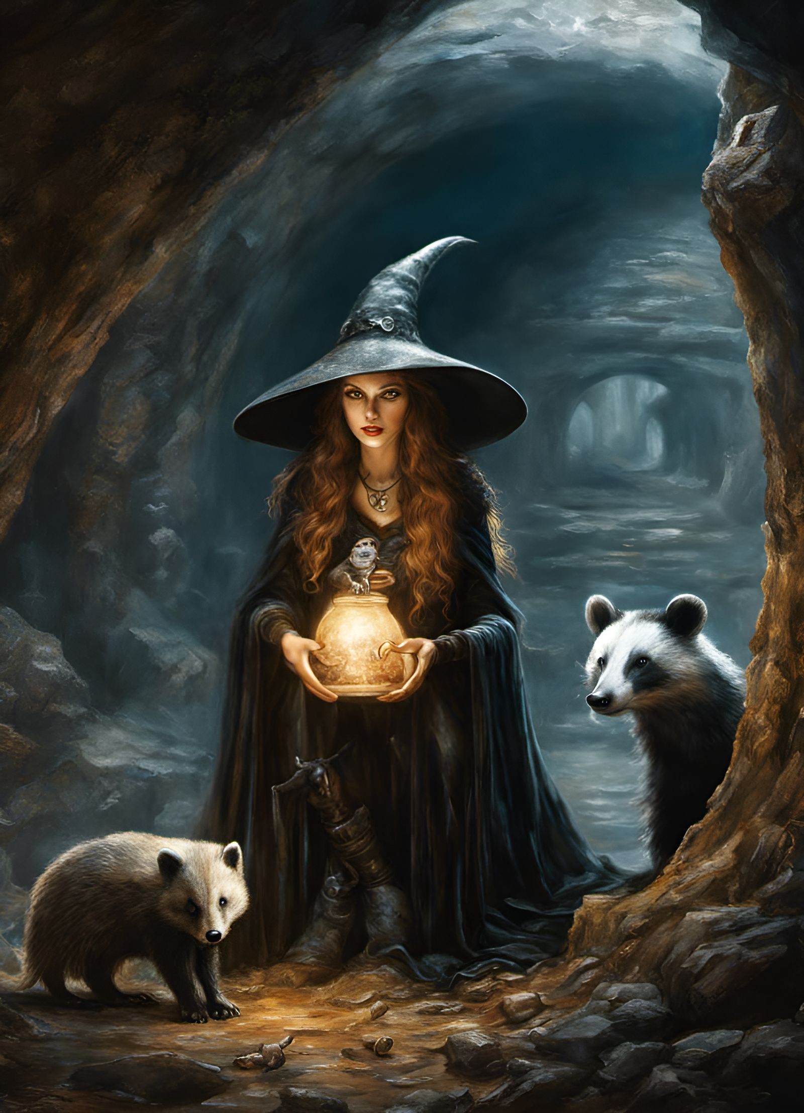 Beautiful young freckled witch with pet badger, searching mysterious ...