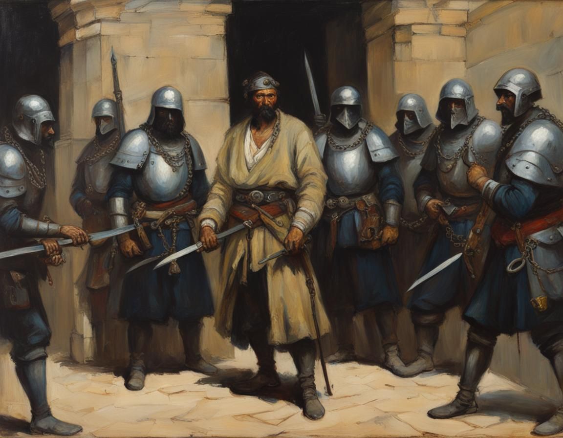 A chained figure holding a lockpick in one hand and a dagger in the ...