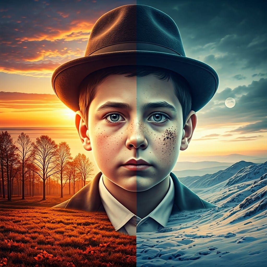 "A highly detailed double-exposure split-face portrait collage of four ...