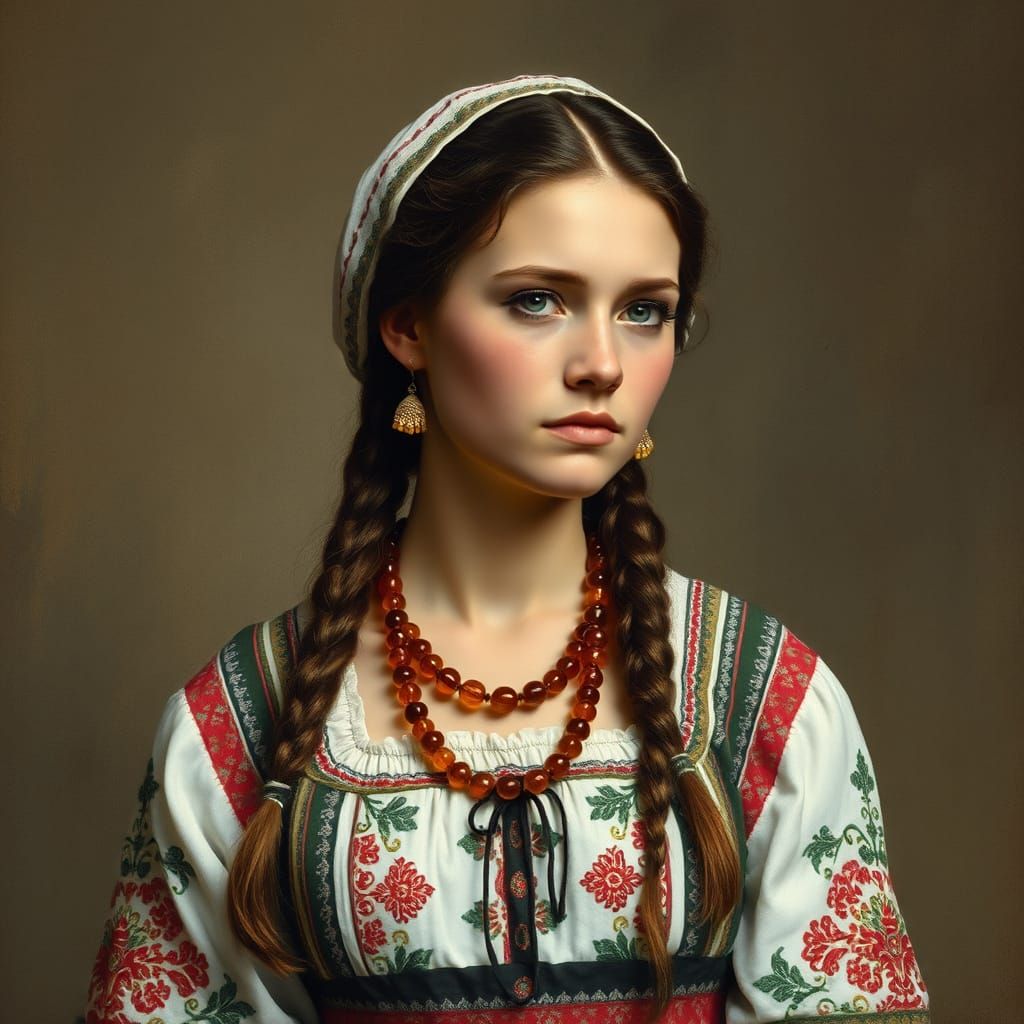 Traditional Baltic Woman in Amber Necklace, 19th C... - AI Art