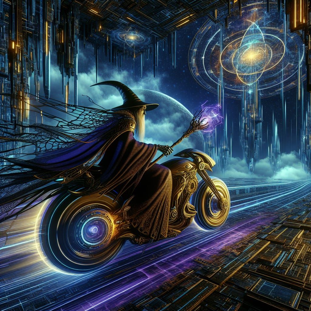A wizard riding a futuristic motorcycle. a masterpiece, 8k resolution ...