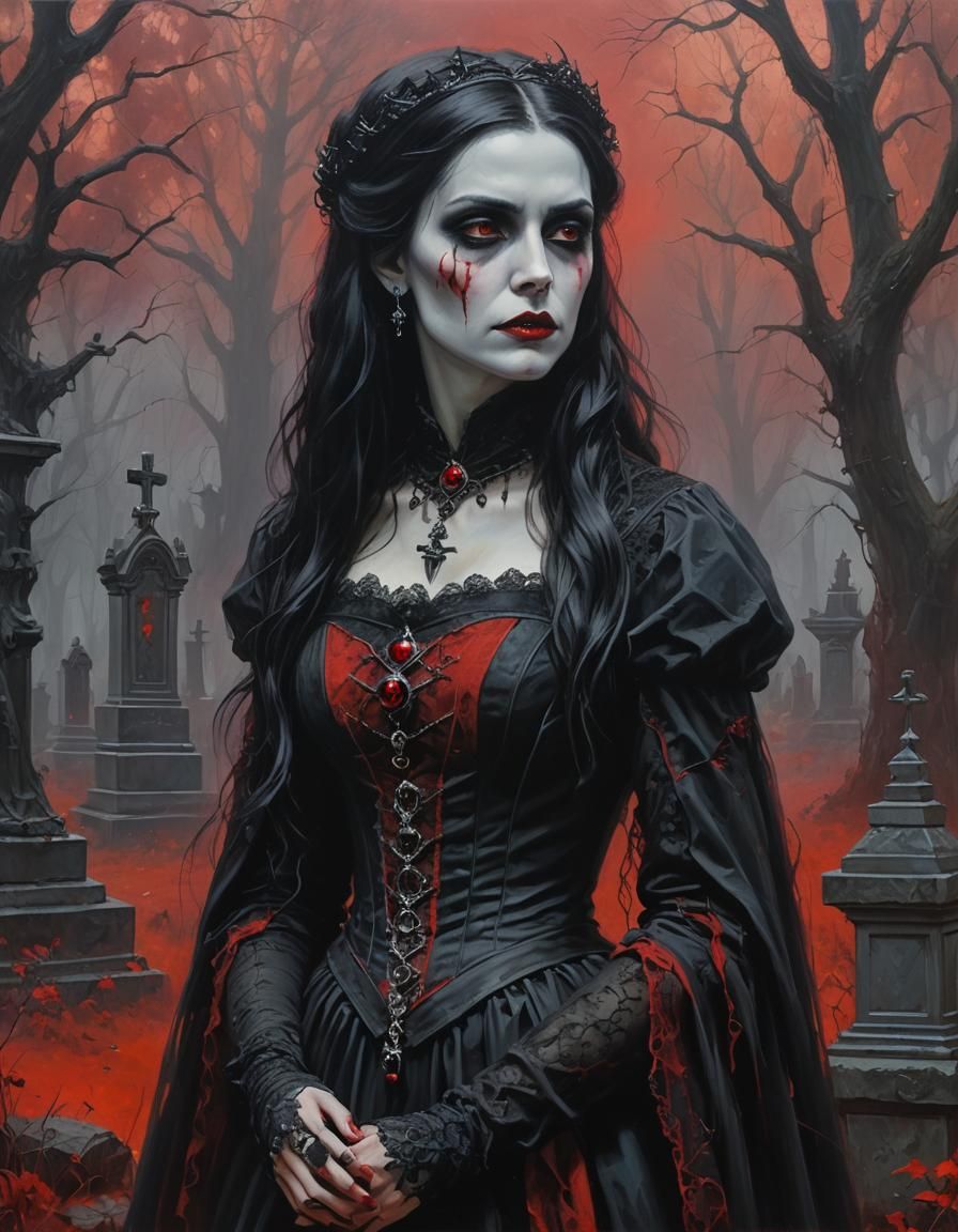 vampire princess haunted close portrait gothic graveyard red fog - AI ...