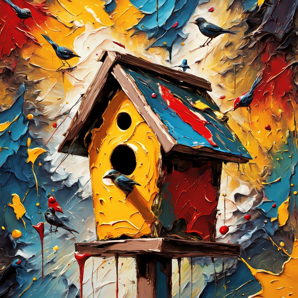 An abstract expressionist birdhouse blending into a chaotic nature ...