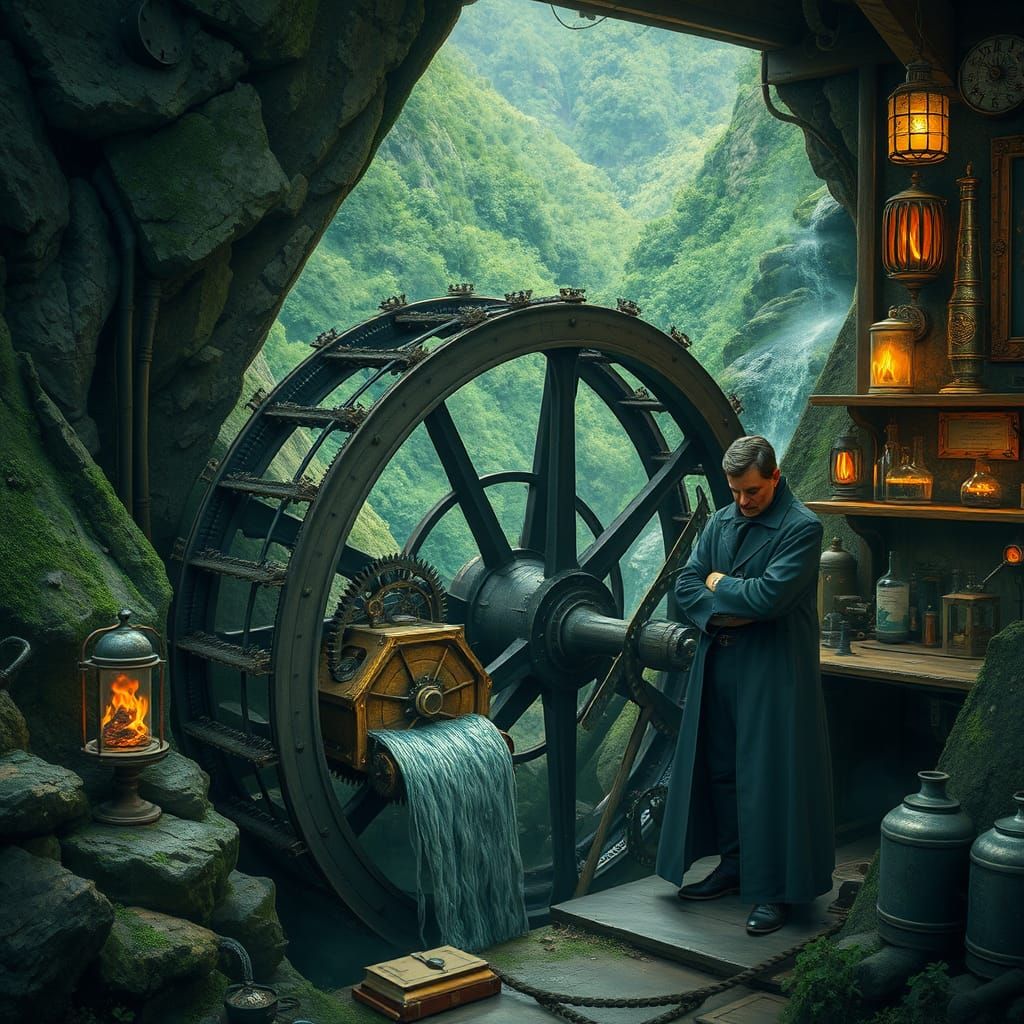 steampunk-inspired waterwheel powering a hidden laboratory deep within ...