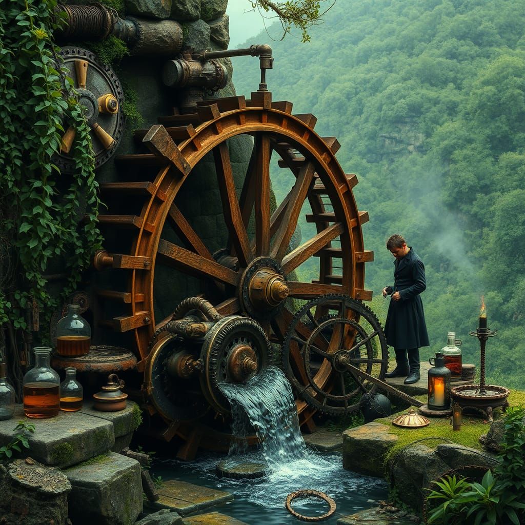steampunk-inspired waterwheel powering a hidden laboratory deep within ...