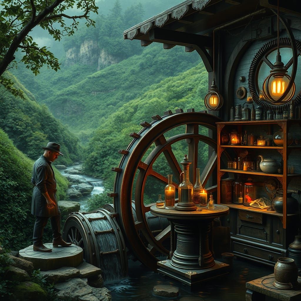 steampunk-inspired waterwheel powering a hidden laboratory deep within ...