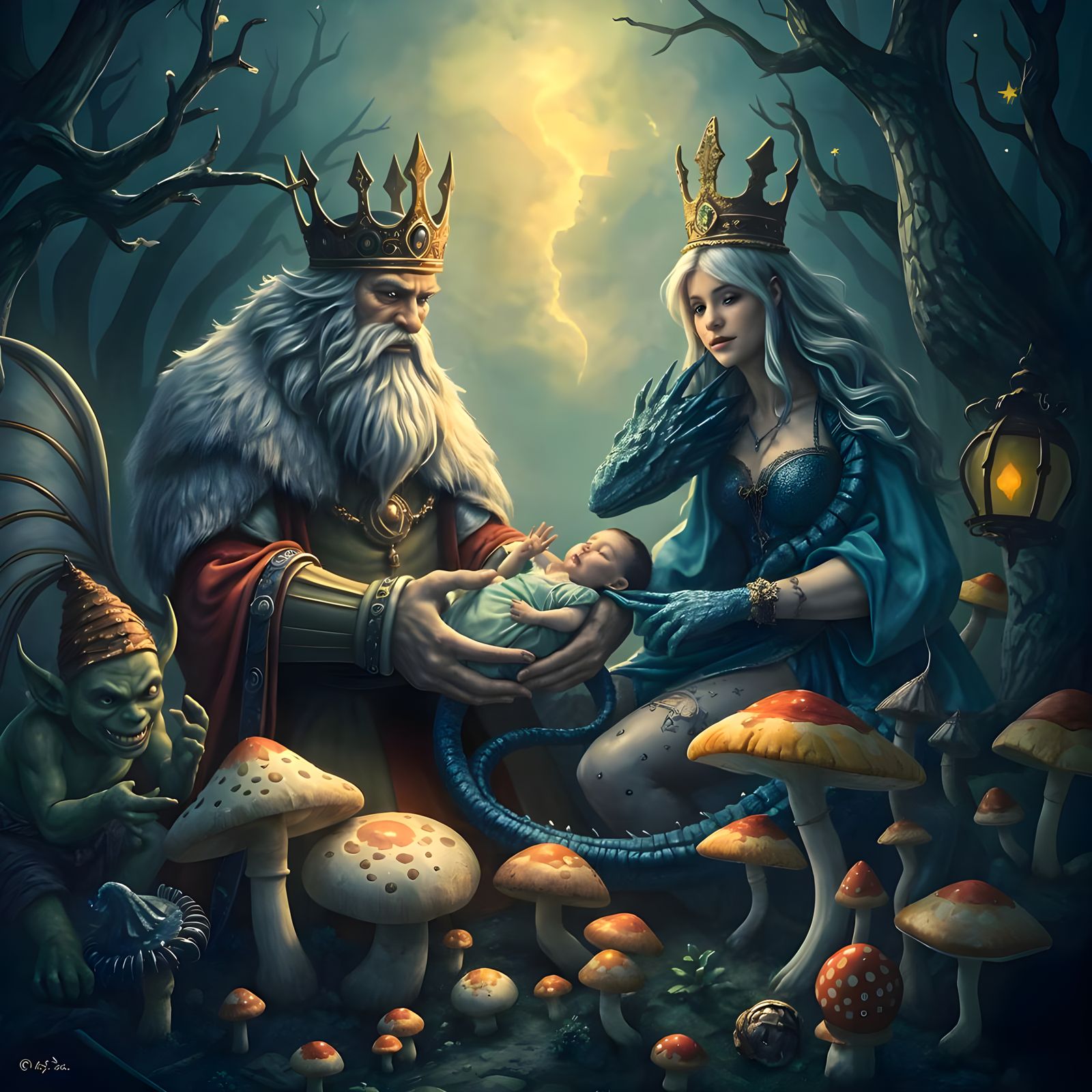 full bodied King and Queen conjuring up a baby in a Fantasyland setting ...