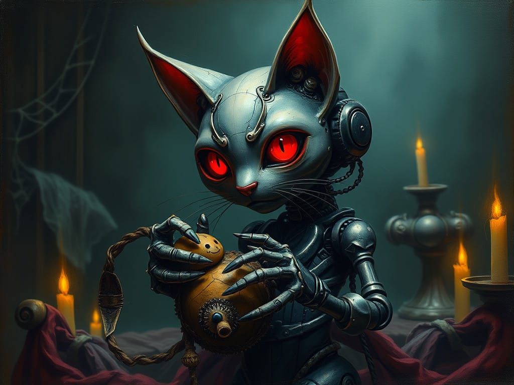 Surreal Gothic Robot Feline Infant in Haunting Vic... - AI Art