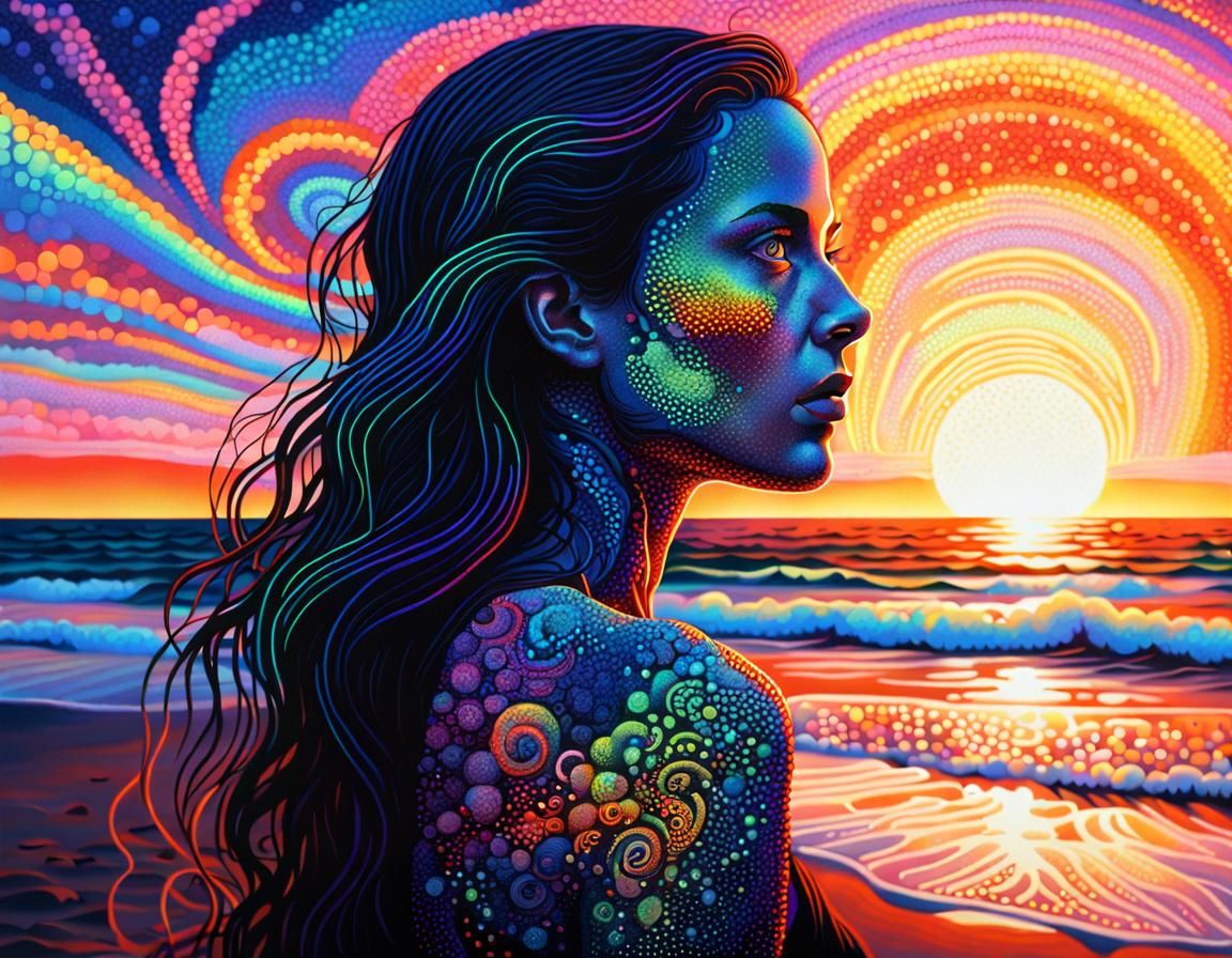 Glowing Neon pointillism, hyperdetailed, woman in swirly sunset - AI ...