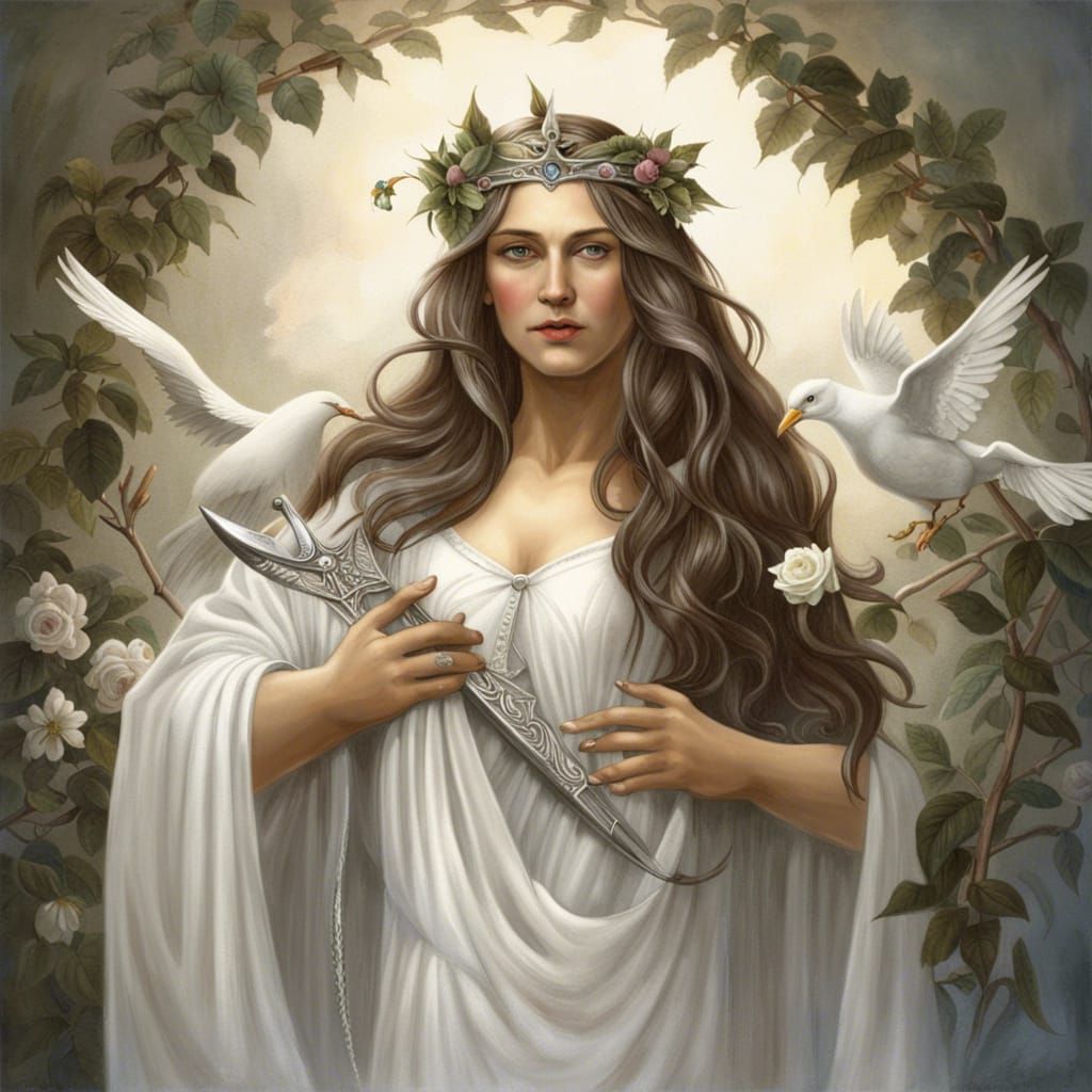 Pagan goddess dressed in white drapes. Her silver crown is in the shape ...