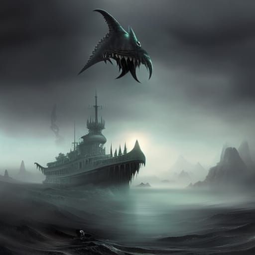 monster, jaws and tentacles, rising violently from opaque fog, concept ...