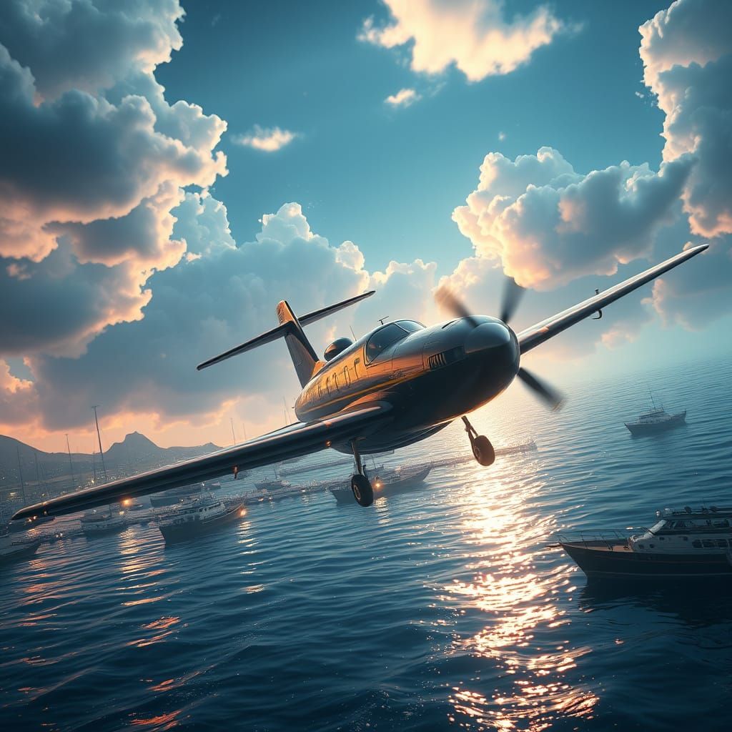 Airplane Amidst Vibrant Oceanic Life in Splendid M... - AI Art