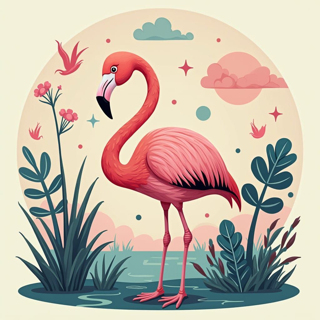 flamingo - A Dreamy Flamingo in Whimsical 2D Illustration St...