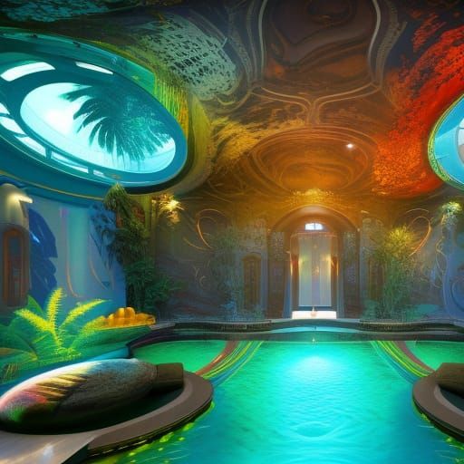 futuristic swimming pool in the tropics, neon water illumination ...