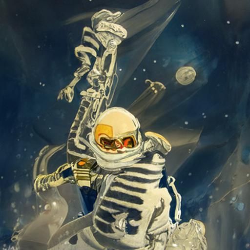 Scary skeleton astronaut in space in the style of Alfred Jacob Miller ...