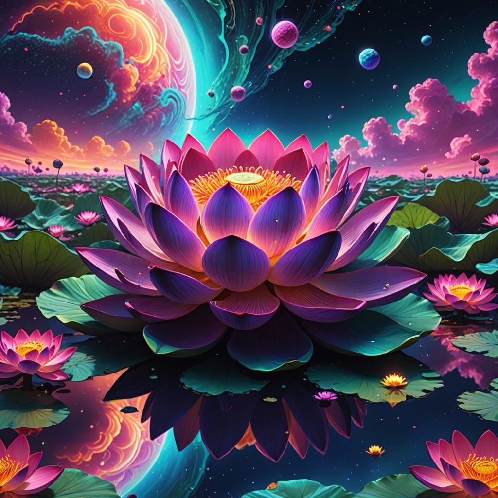 Ethereal Cosmic Planet Blooms with Vibrant Lotus F... - AI Art