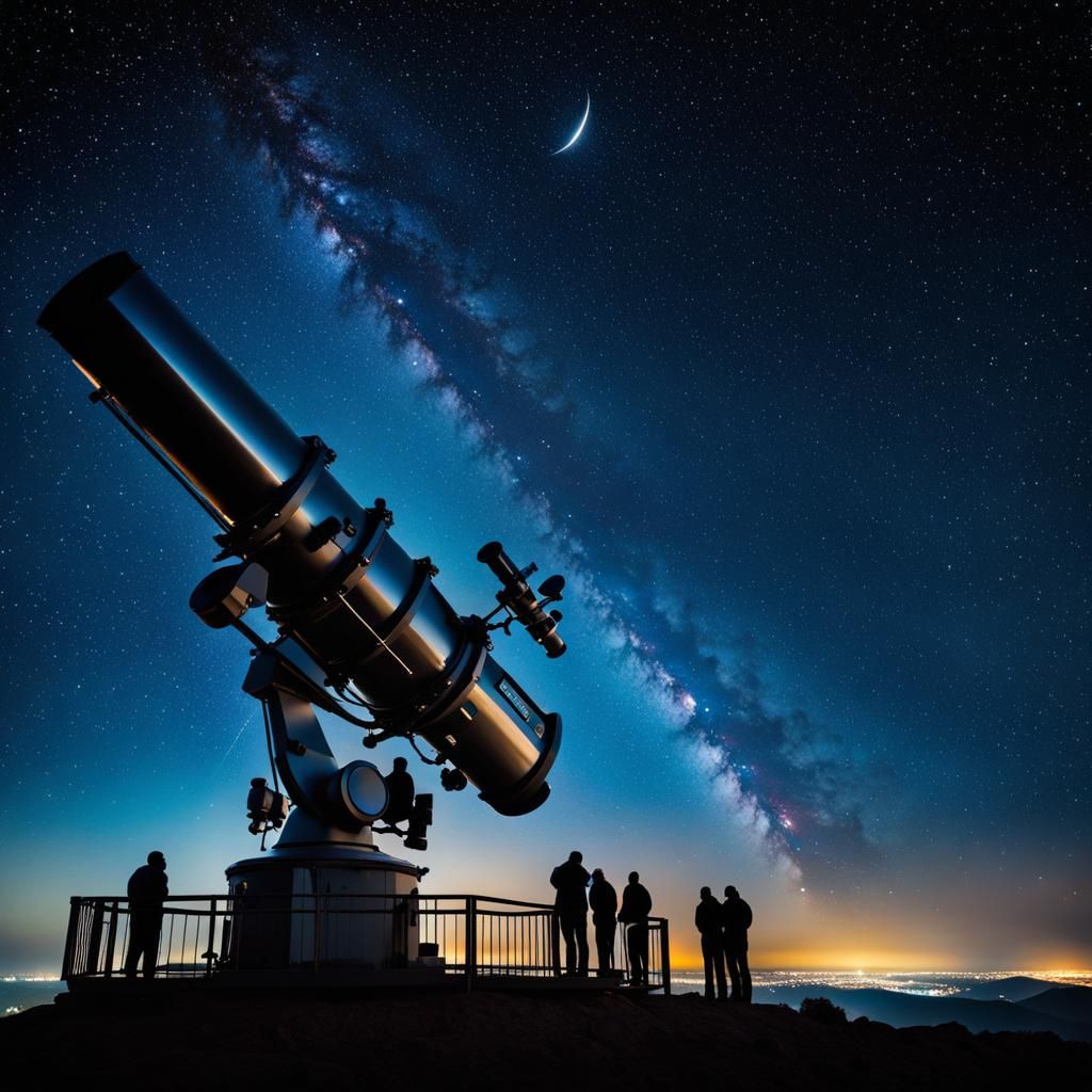 Astronomers observing the night sky through a telescope, waiting for a ...