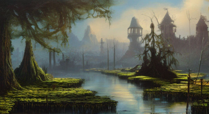 Ethereal Swamp Scene in Dark Poster Art Style - AI Art
