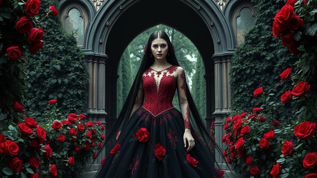 Elegant Gothic Woman in Red and Black Gown - AI Art