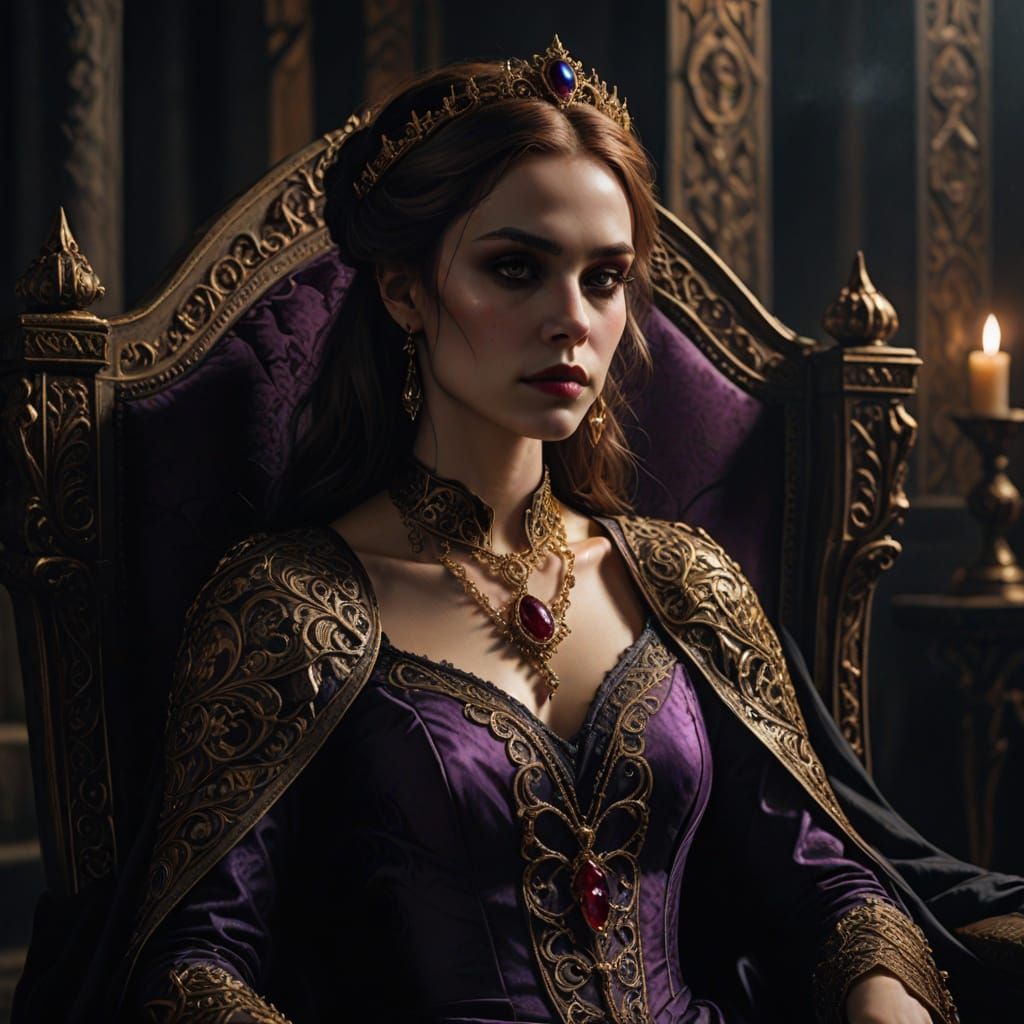 Dark Fantasy Vampire Queen in Gold and Purple Atti... - AI Art
